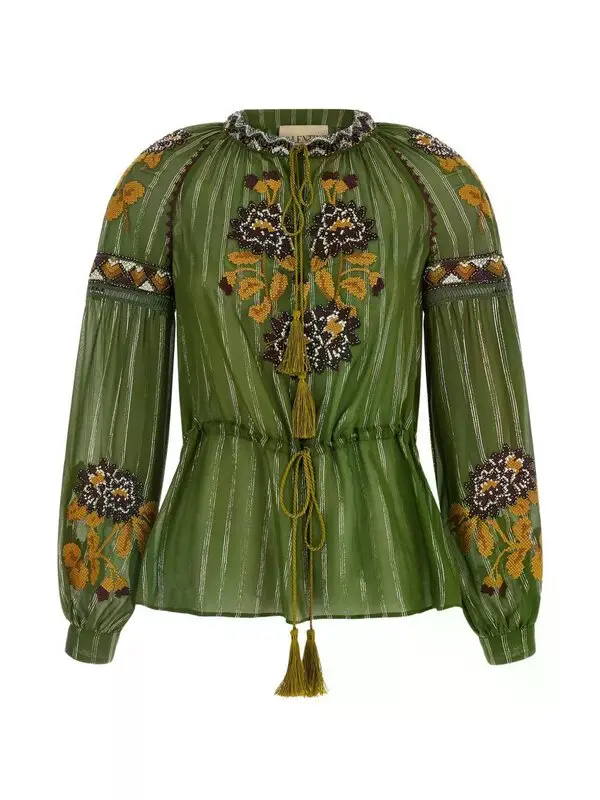 Valentino Garavani Embroidered Tassel Silk Blouse - Green