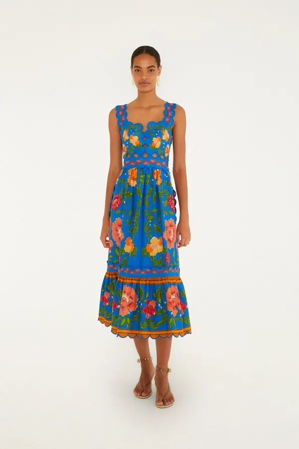 Farm Rio Bright Blue Rococo Flowers Lenzing™ Ecovero™ Euroflax™ Midi Dress - Rococo Flowers Bright Blue