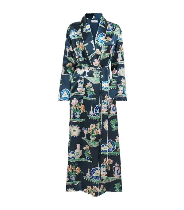 Olivia Von Halle Silk Pottery Print Capability Robe - Navy