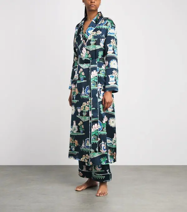 Olivia Von Halle Silk Pottery Print Capability Robe - Navy