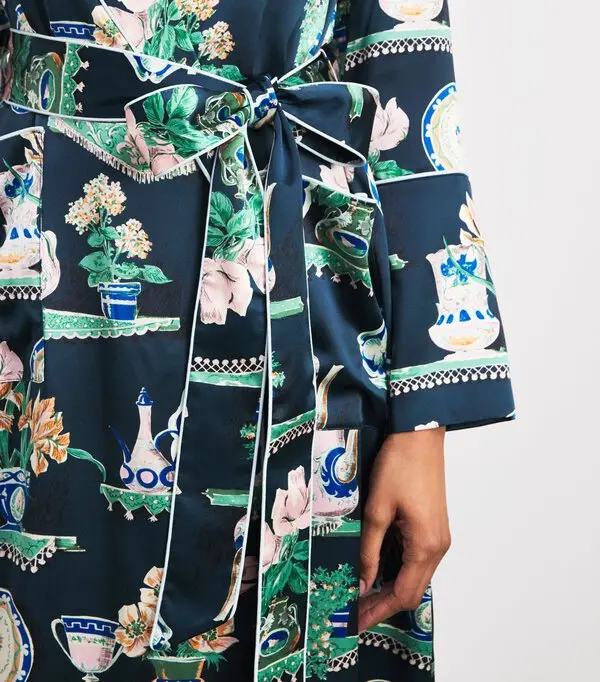 Olivia Von Halle Silk Pottery Print Capability Robe - Navy