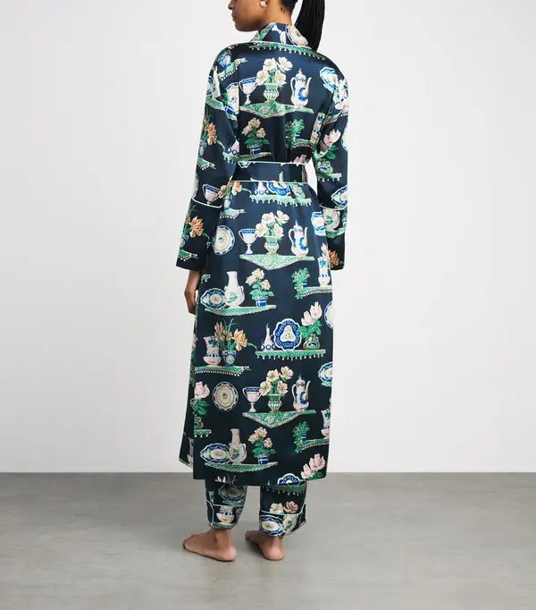 Olivia Von Halle Silk Pottery Print Capability Robe - Navy