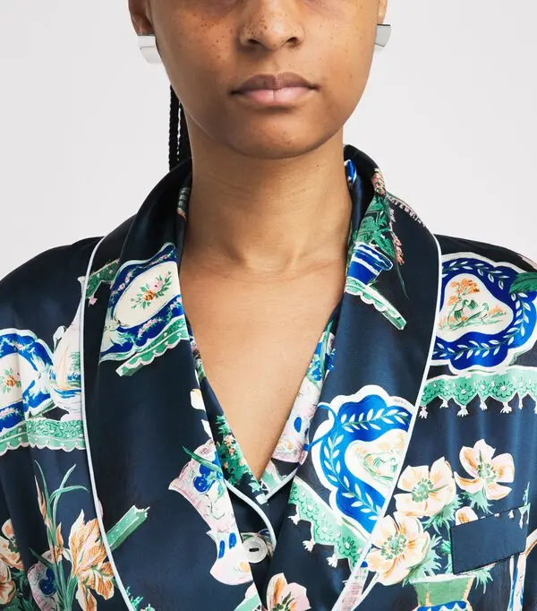 Olivia Von Halle Silk Pottery Print Capability Robe - Navy