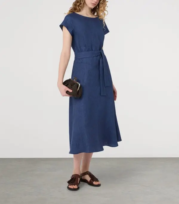 Max Mara Linen Belted Midi Dress - Blue