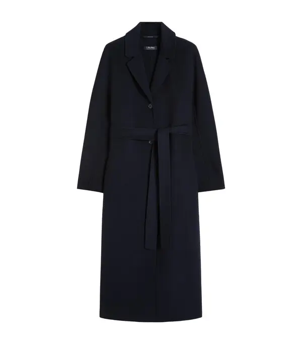 Max Mara Virgin Wool Belted Coat - Blue