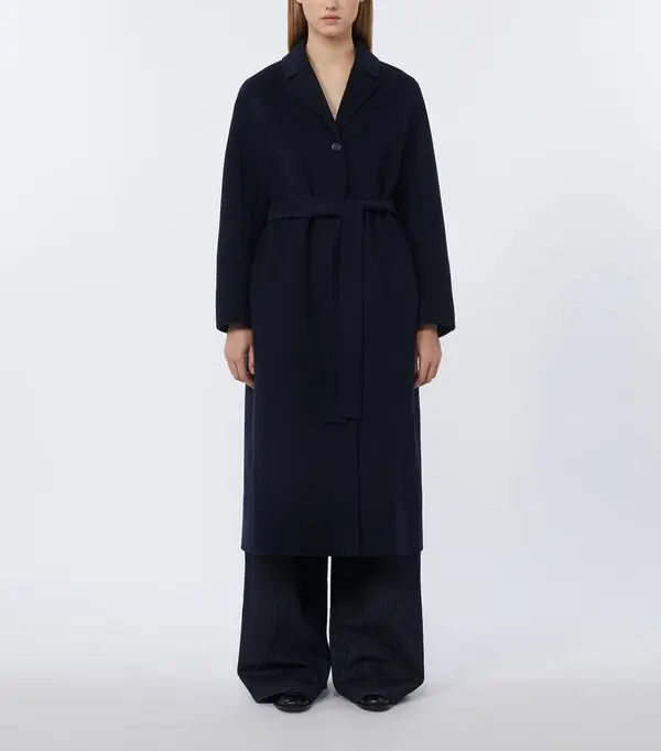 Max Mara Virgin Wool Belted Coat - Blue