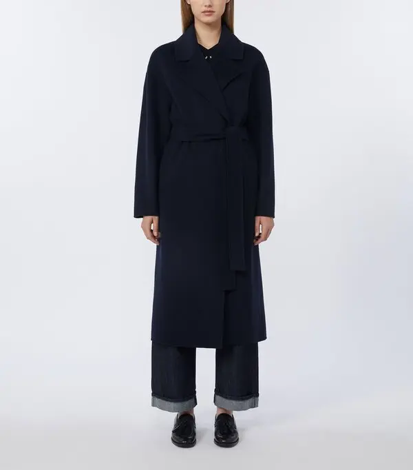 Max Mara Virgin Wool Belted Coat - Blue