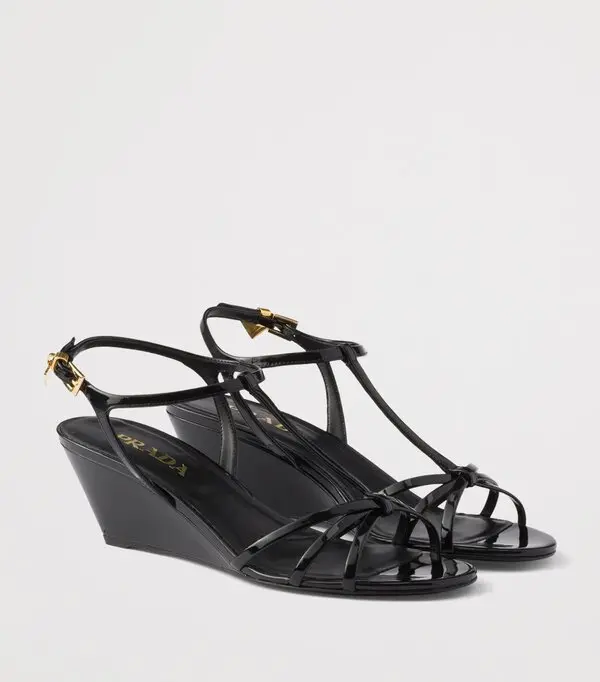 Prada Patent Leather Wedge Sandals - Black