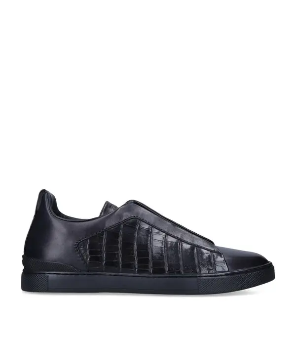 Zegna Crocodile Leather Triple Stitch Sneakers - Black