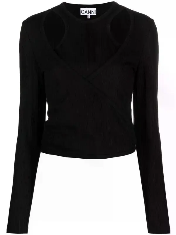 GANNI Ribbed Jersey Wrap Blouse