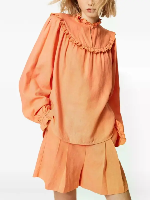 TWINSET Linen Blouse With Micro Ruffles And Band Collar