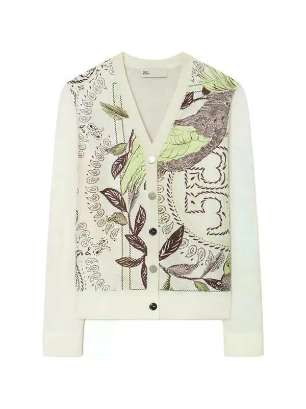 Tory Burch Printed Silk Twill And Merino Wool Cardigan