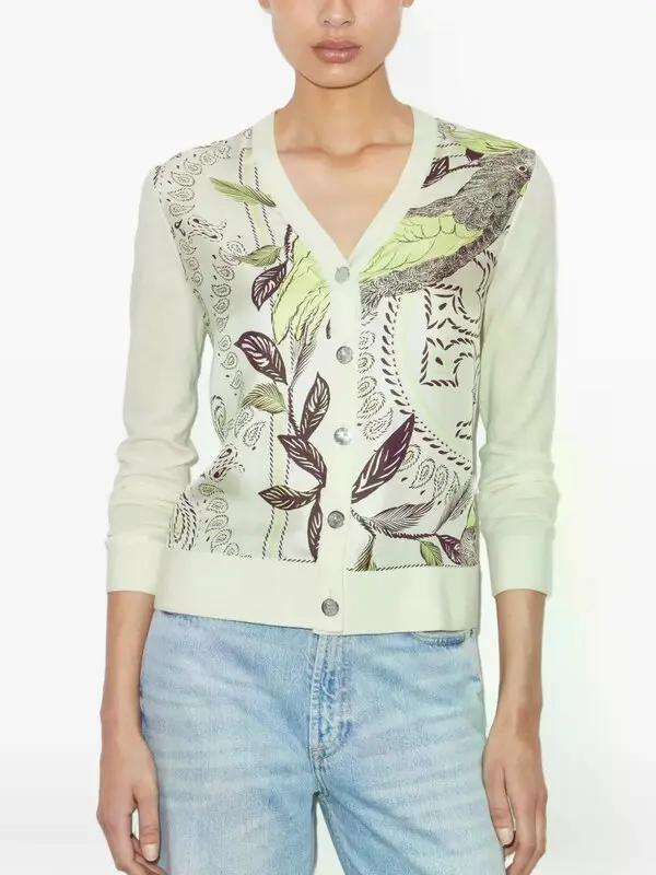 Tory Burch Printed Silk Twill And Merino Wool Cardigan