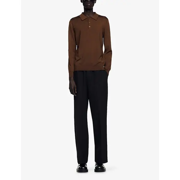 Sandro Ribbed Long-sleeve Stretch-knit Polo - Cognac