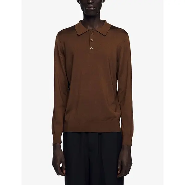 Sandro Ribbed Long-sleeve Stretch-knit Polo - Cognac