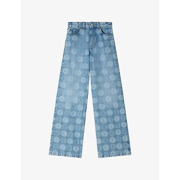 Sandro Floral Wide-leg High-rise Denim Jeans - Blue Jean