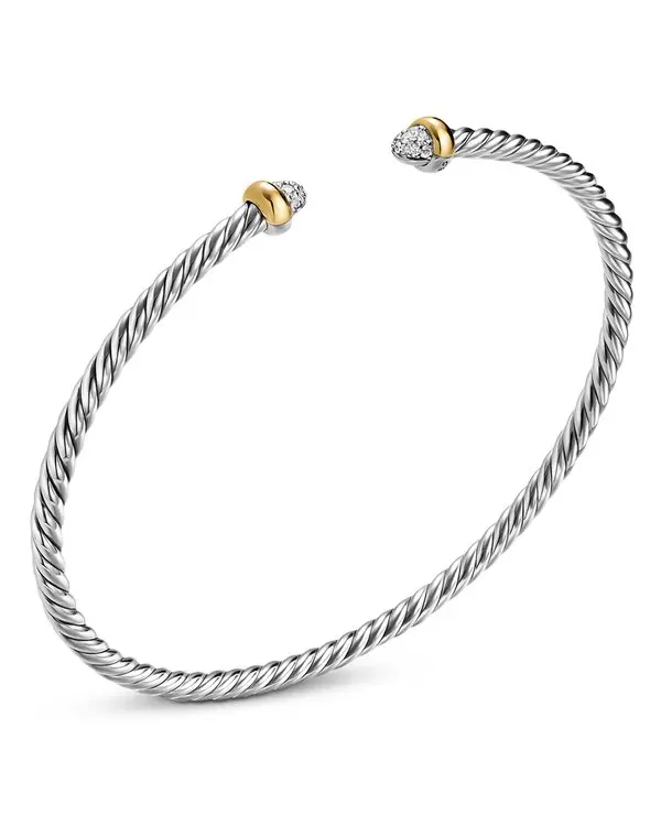 David Yurman Sterling And 14k Yellow Gold Diamond Cable Flex Bracelet - Silver