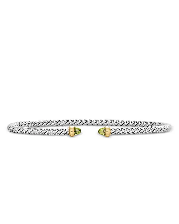 David Yurman Micro Cable Flex Bracelet In Sterling Silver With 14k Yellow Gold And Peridot - Green/silver