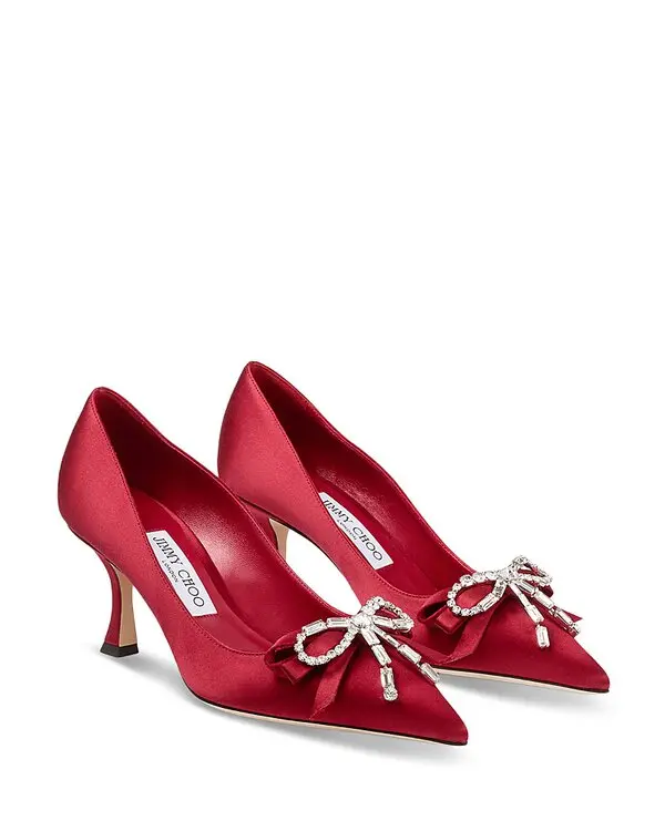 JIMMY CHOO Auria 70 Satin Crystal Bow Pumps - Ruby Red/crystal