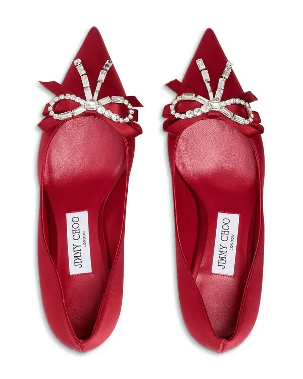 JIMMY CHOO Auria 70 Satin Crystal Bow Pumps - Ruby Red/crystal