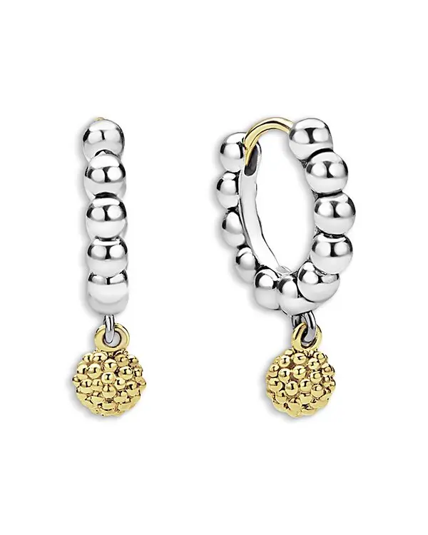 Lagos 18k Yellow Gold & Sterling Caviar Icon Ball Dangle Hoop Earrings - Silver
