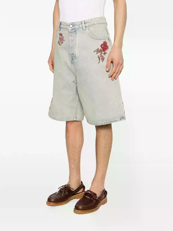 Drole De Monsieur Floral-embroidered Denim Shorts - Blue