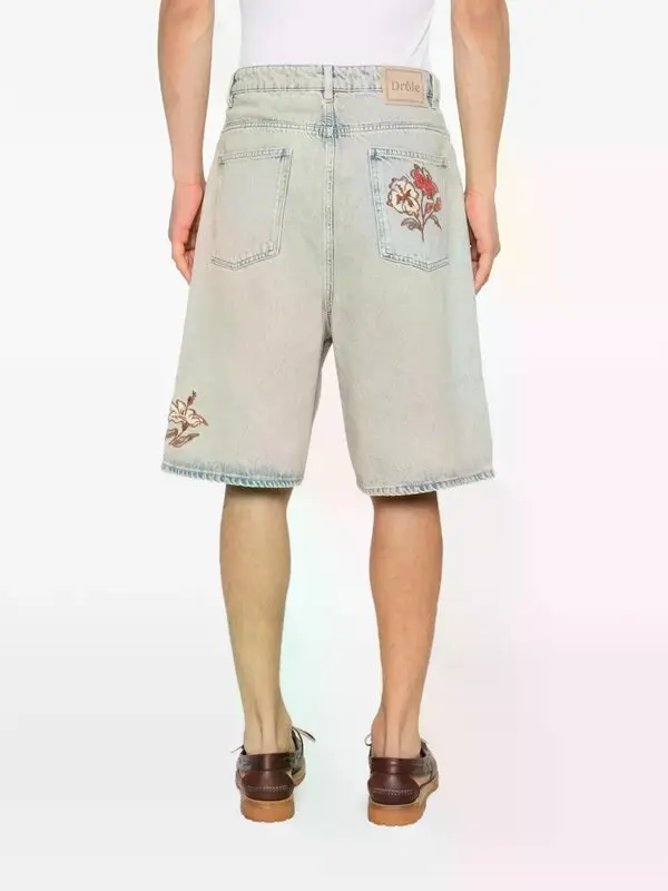 Drole De Monsieur Floral-embroidered Denim Shorts - Blue