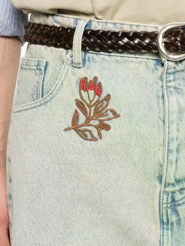 Drole De Monsieur Floral-embroidered Denim Shorts - Blue