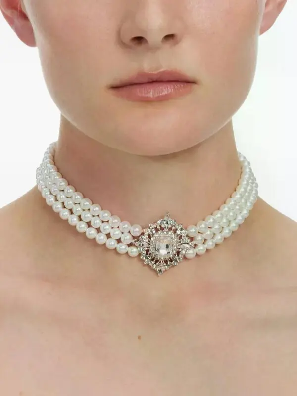 SELF-PORTRAIT Crystal Pearl Choker - Silver
