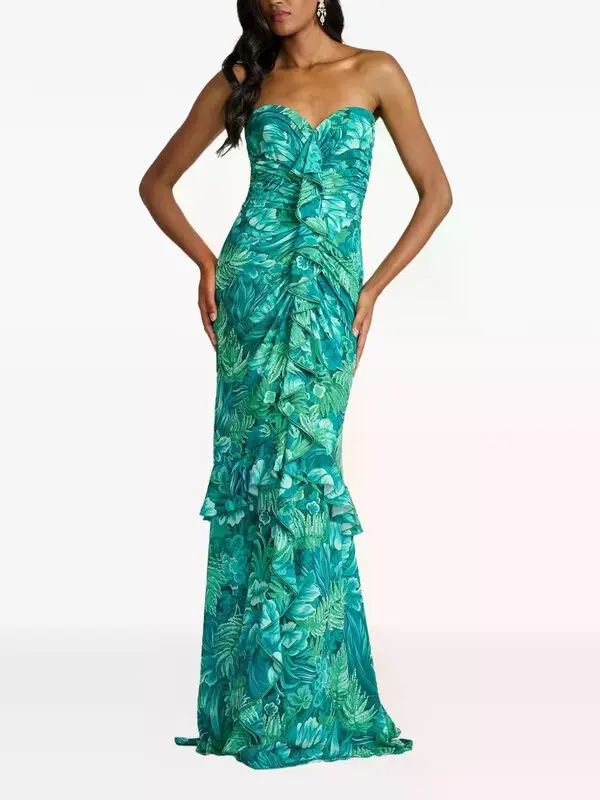 Tadashi Shoji Ruffled Floral Strapless Dress - Green