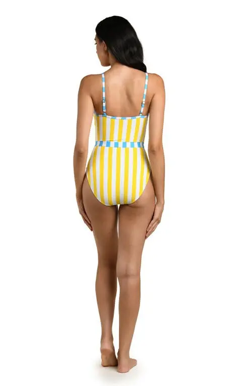 La Blanca Coastal Belted Stripe One-piece Swimsuit