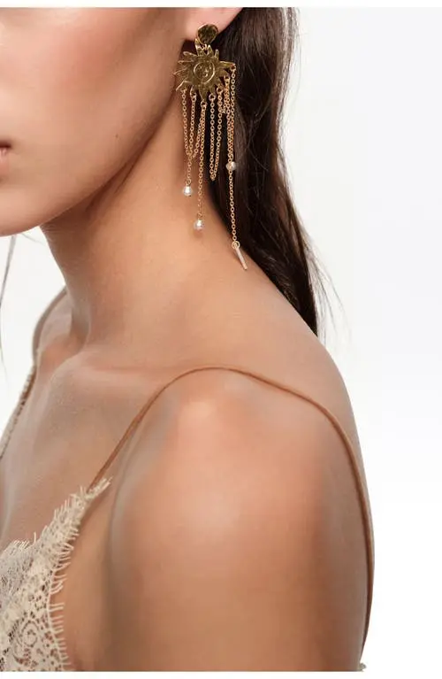 Bimba Y Lola Sun And Chain Dangle Earrings With Faux Pearls