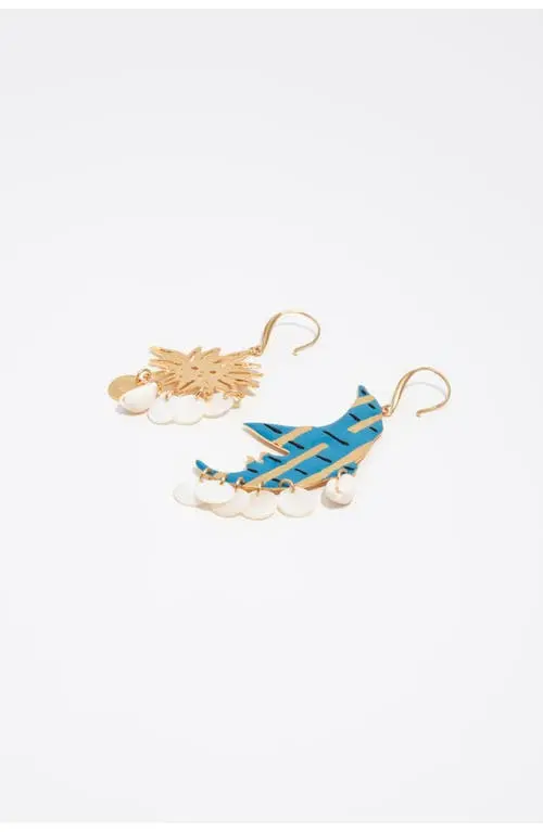 Bimba Y Lola Brushed Moon And Sun Dangle Earrings With Shells - Blue