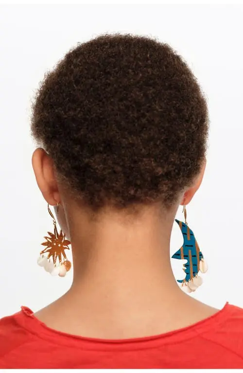 Bimba Y Lola Brushed Moon And Sun Dangle Earrings With Shells - Blue