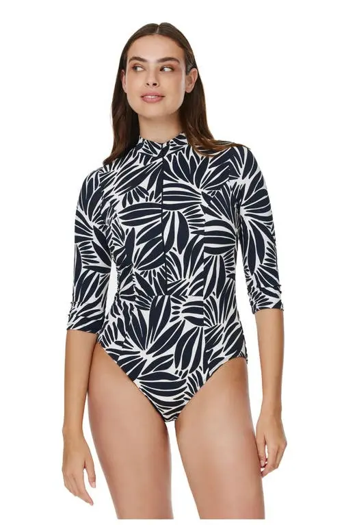 GOTTEX Modest 3/4 Sleeve One Piece Rashguard - Black-white
