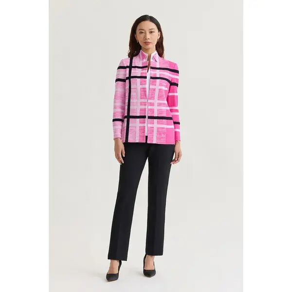 Ming Wang Heritage Vertical Ombre Plaid Knit Jacket - Carmine Rose/white/black