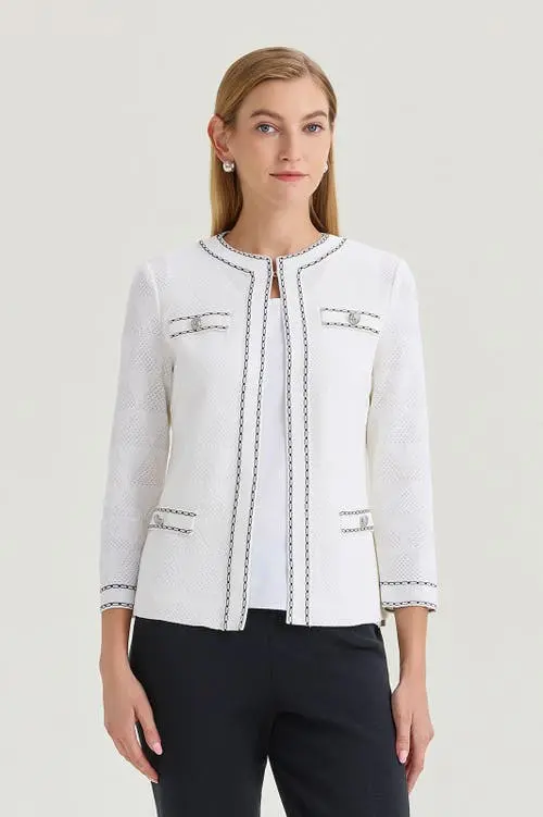 Ming Wang Heritage Diamond Faux Link Trim Knit Jacket