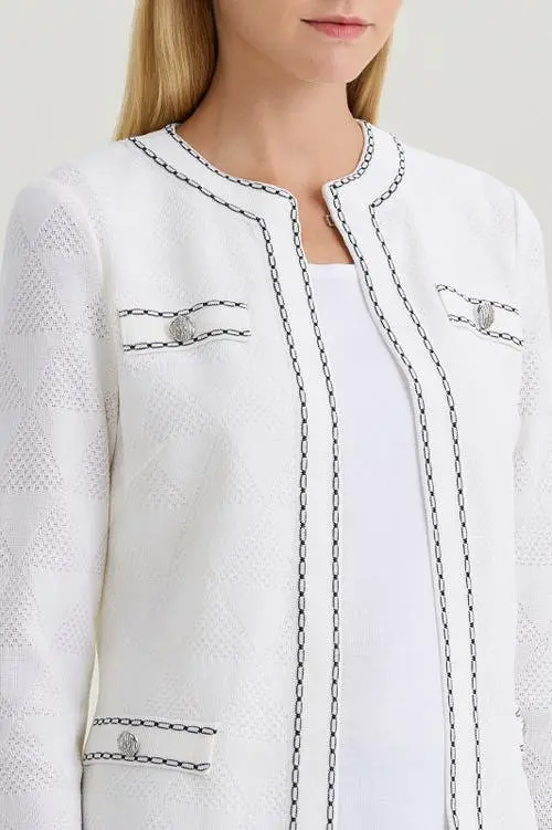 Ming Wang Heritage Diamond Faux Link Trim Knit Jacket