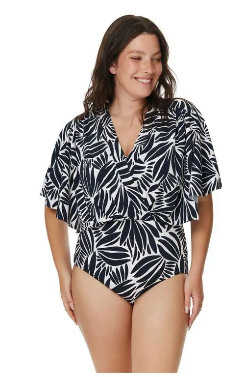 GOTTEX Sleeved Surplice Blouson One-piece Swimsuit - Black-white