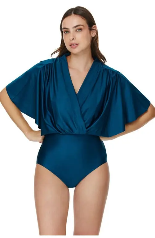 GOTTEX Sleeved Surplice Blouson One-piece Swimsuit - Petrol