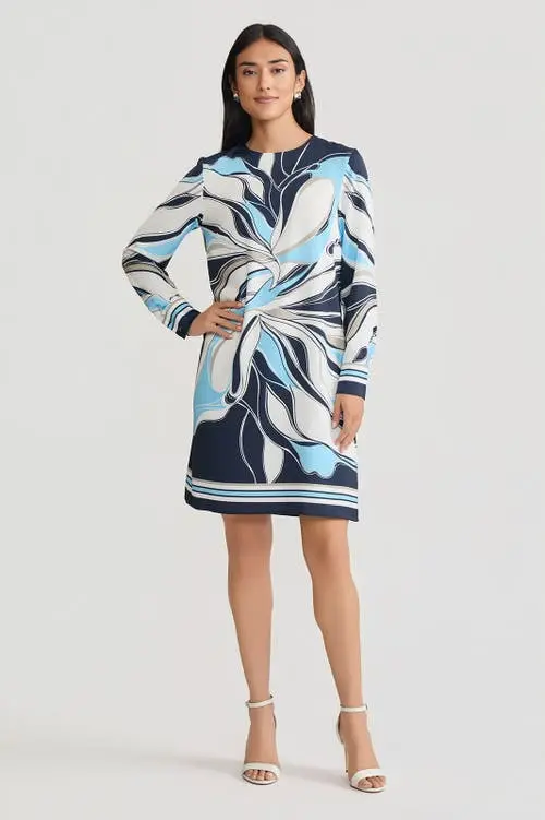 Ming Wang Floral Abstract Crepe De Chine Shift Dress - Indigo/white/serene