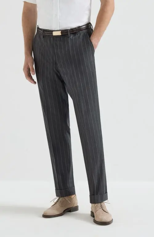 Brunello Cucinelli Wide Chalk Stripe Pure Wool Trousers - Grey