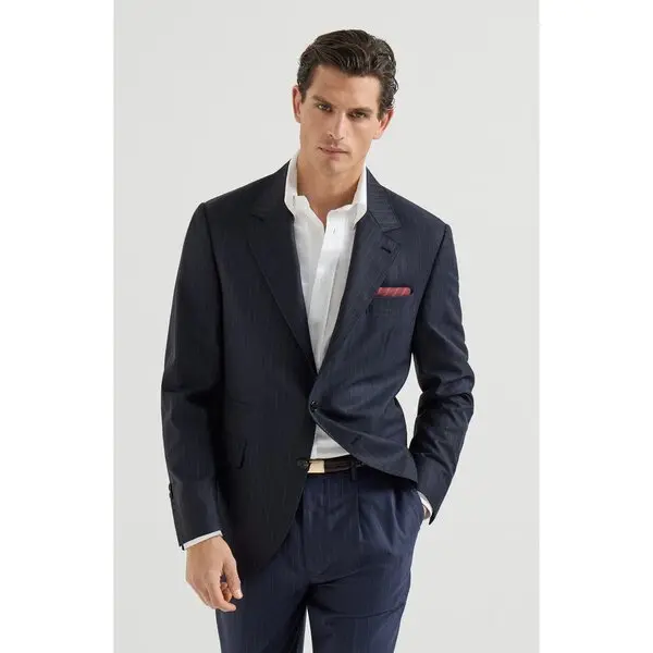 Brunello Cucinelli Striped Virgin Wool Blazer - Navy Blue