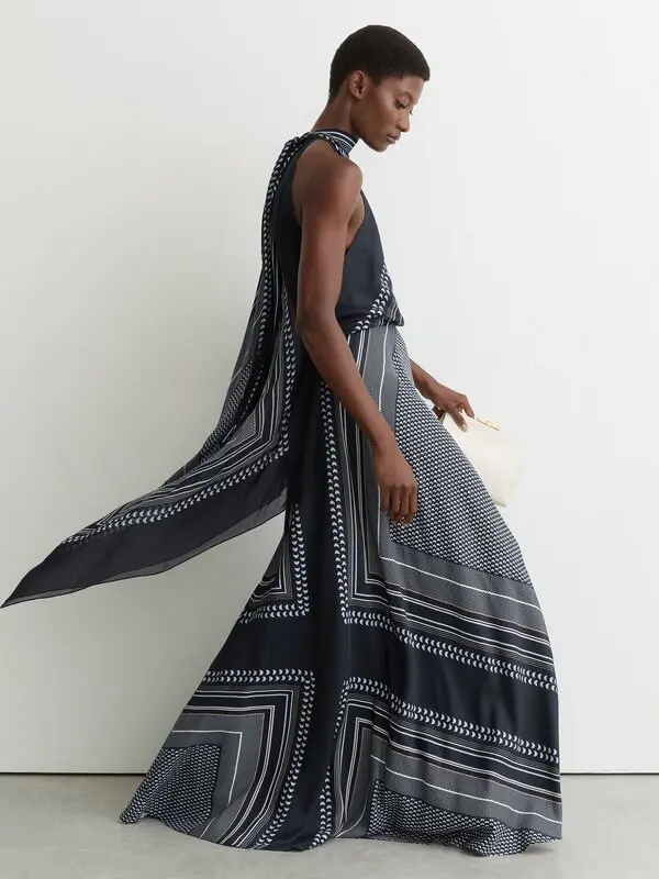 REISS Skylar Scarf-print Tie-neck Maxi Dress - Navy