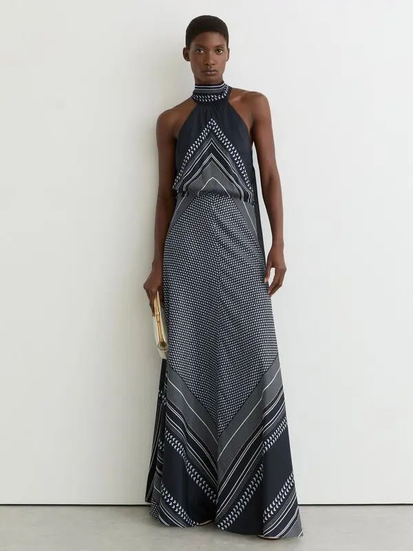 REISS Skylar Scarf-print Tie-neck Maxi Dress - Navy