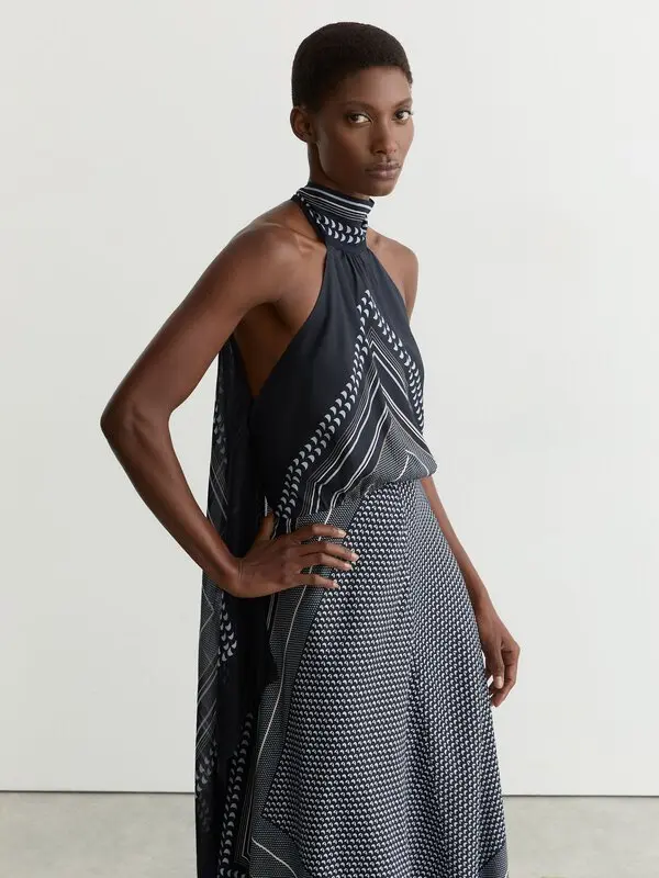 REISS Skylar Scarf-print Tie-neck Maxi Dress - Navy