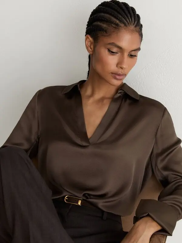 REISS Marina Silk Open-collar Blouse - Mocha Brown