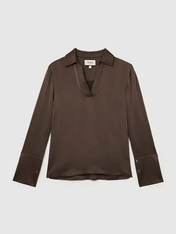 REISS Marina Silk Open-collar Blouse - Mocha Brown