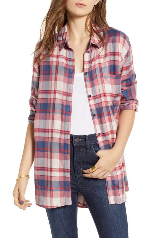 Treasure & Bond Plaid Boyfriend Shirt - Red Chili Forest Plaid