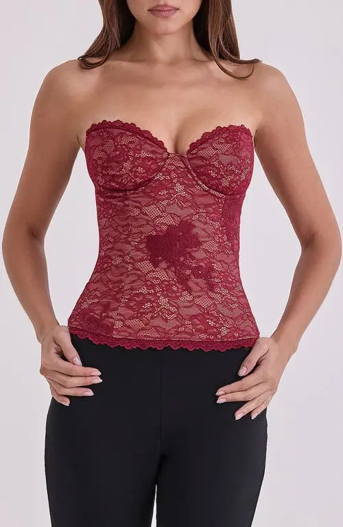House Of Cb Yara Strapless Lace Corset Top - Wine